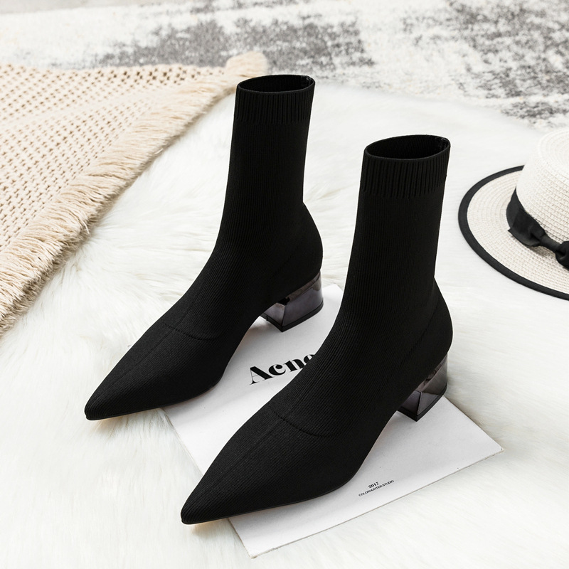 Women Fashion Solid Color Pointed Toe Knit Mid Heel Short Boots